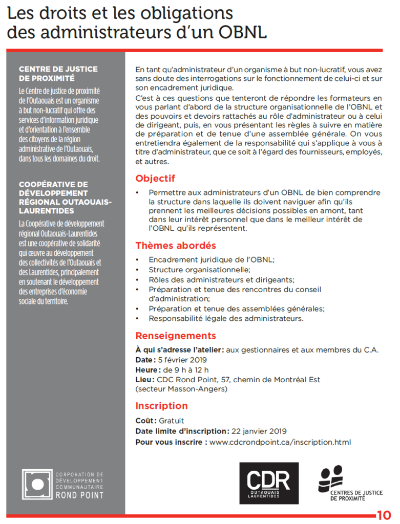 Formation : Les droits et les obligations des administrateurs d’un OBNL ...